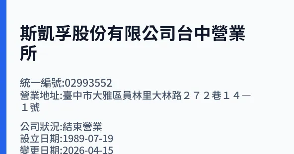 斯凱孚股份有限公司台中營業所的照片-統編 02993552(臺中市) 公司登記資料與營業項目詳細圖表