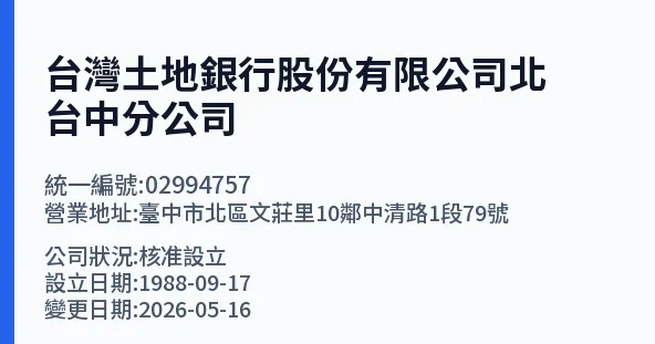 台灣土地銀行股份有限公司北台中分公司的照片-統編 02994757(臺中市) 公司登記資料與營業項目詳細圖表