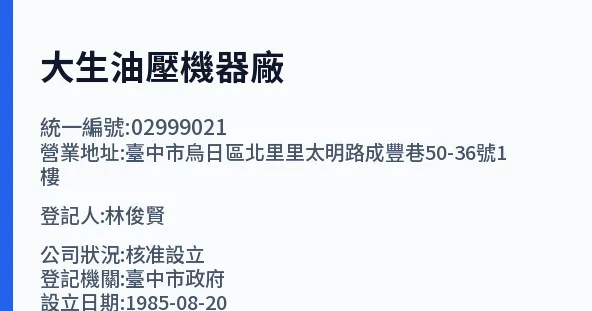 大生油壓機器廠的照片-統編 02999021(臺中市) 公司登記資料與營業項目詳細圖表
