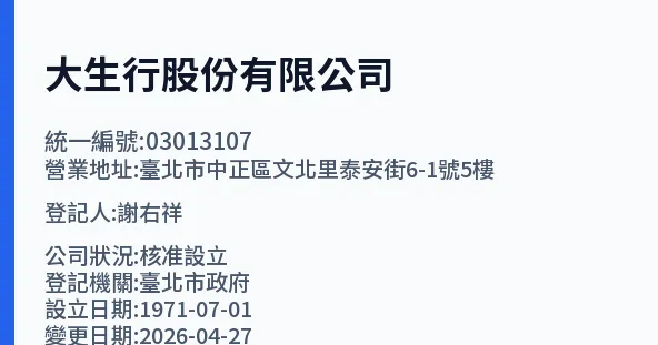 大生行股份有限公司的照片-統編 03013107(臺北市) 公司登記資料與營業項目詳細圖表