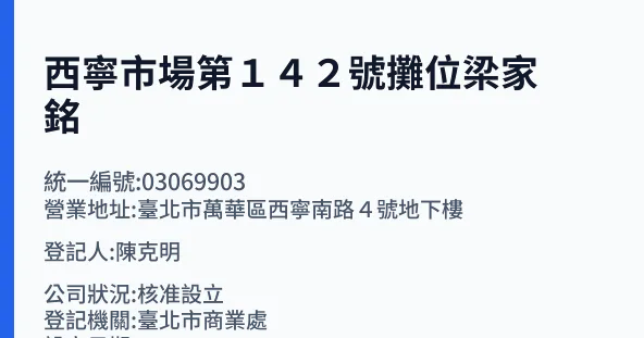 西寧市場第１４２號攤位梁家銘的照片-統編 03069903(臺北市) 公司登記資料與營業項目詳細圖表