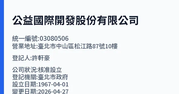 公益國際開發股份有限公司的照片-統編 03080506(臺北市) 公司登記資料與營業項目詳細圖表