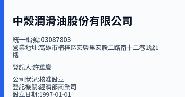 中殼潤滑油股份有限公司的照片-統編 03087803(高雄市) 公司登記資料與營業項目詳細圖表