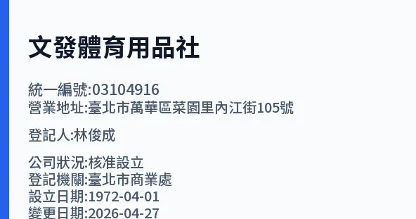 文發體育用品社的照片-統編 03104916(臺北市) 公司登記資料與營業項目詳細圖表