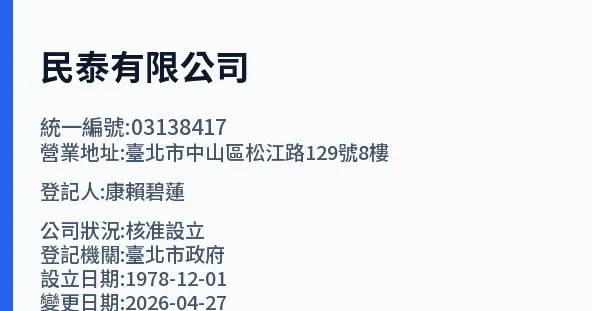 民泰有限公司的照片-統編 03138417(臺北市) 公司登記資料與營業項目詳細圖表