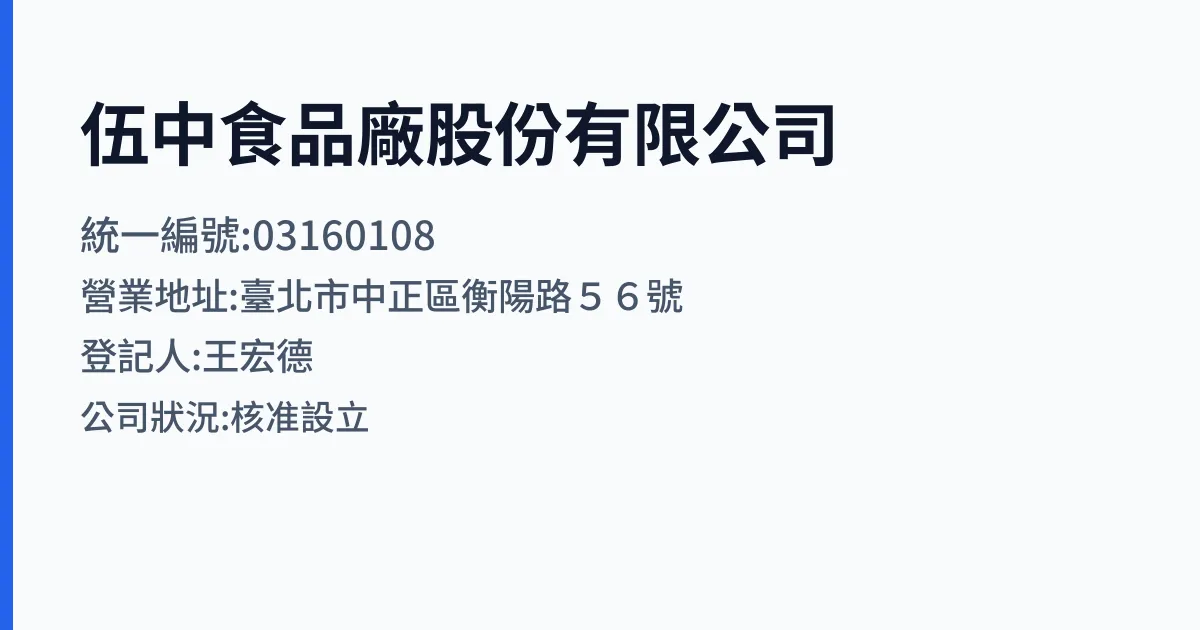 伍中食品廠股份有限公司 - 統編 03160108（臺北市） 公司登記資料與營業項目詳細圖表
