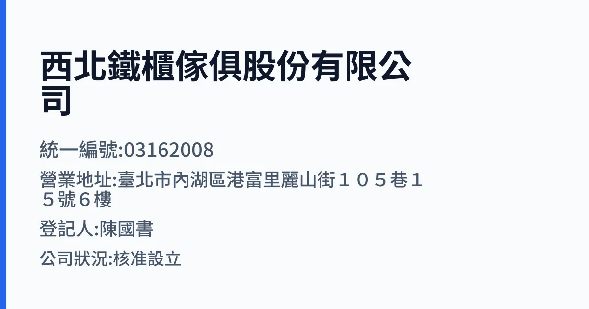 西北鐵櫃傢俱股份有限公司 - 統編 03162008(臺北市) 公司登記資料與營業項目詳細圖表