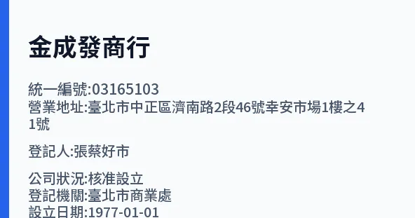 金成發商行的照片-統編 03165103(臺北市) 公司登記資料與營業項目詳細圖表