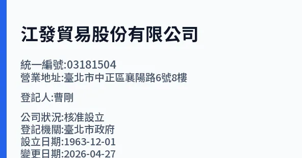 江發貿易股份有限公司的照片-統編 03181504(臺北市) 公司登記資料與營業項目詳細圖表