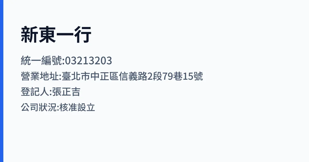 新東一行 - 統編 03213203(臺北市) 公司登記資料與營業項目詳細圖表