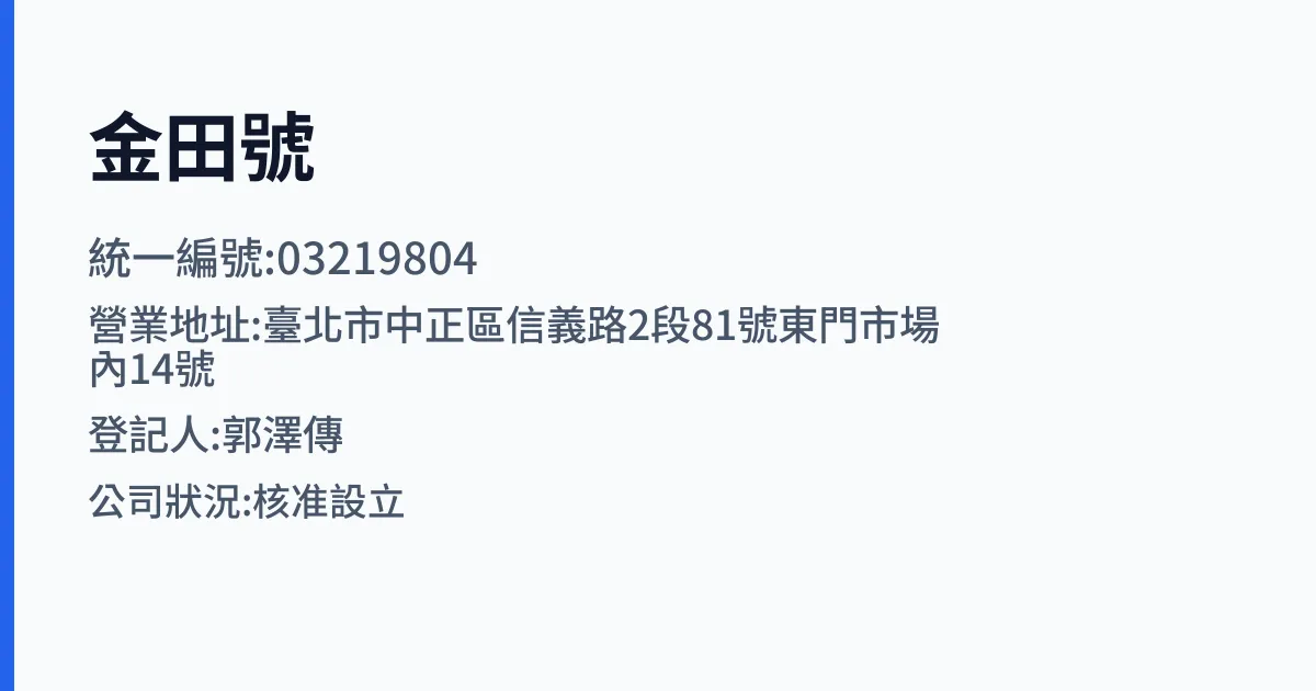 金田號 - 統編 03219804(臺北市) 公司登記資料與營業項目詳細圖表