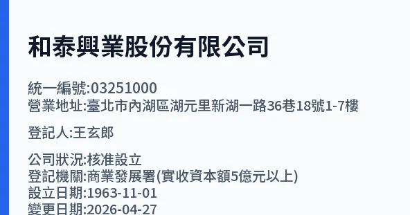 和泰興業股份有限公司的照片-統編 03251000(臺北市) 公司登記資料與營業項目詳細圖表