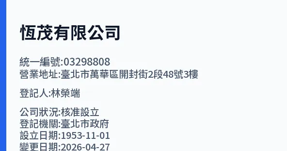 恆茂有限公司的照片-統編 03298808(臺北市) 公司登記資料與營業項目詳細圖表
