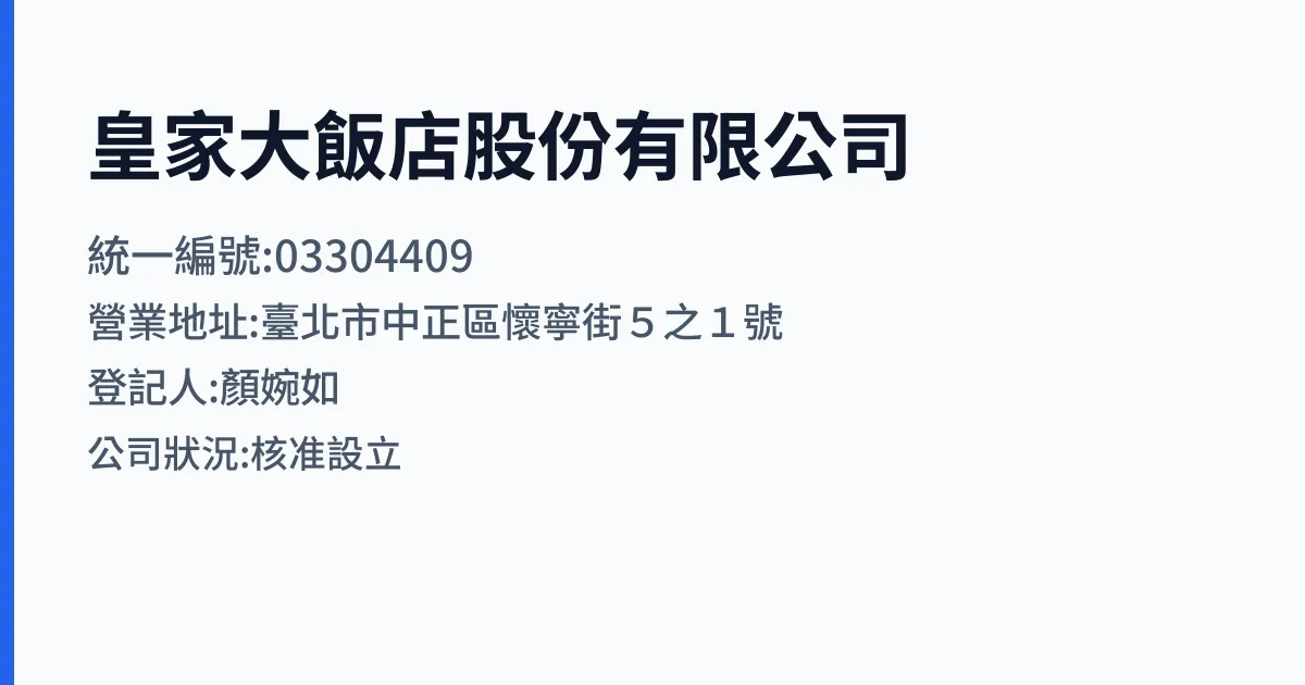 皇家大飯店股份有限公司 - 統編 03304409(臺北市) 公司登記資料與營業項目詳細圖表