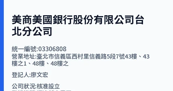 美商美國銀行股份有限公司台北分公司的照片-統編 03306808(臺北市) 公司登記資料與營業項目詳細圖表