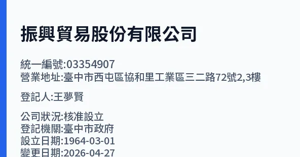 振興貿易股份有限公司的照片-統編 03354907(臺中市) 公司登記資料與營業項目詳細圖表