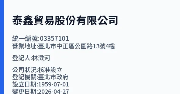 泰鑫貿易股份有限公司的照片-統編 03357101(臺北市) 公司登記資料與營業項目詳細圖表