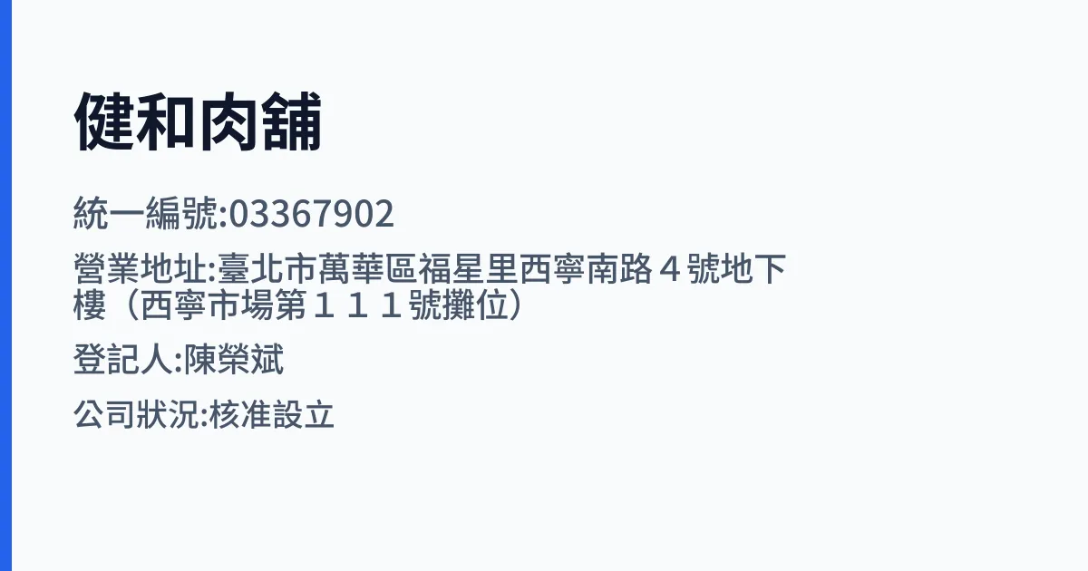 健和肉舖 - 統編 03367902(臺北市) 公司登記資料與營業項目詳細圖表