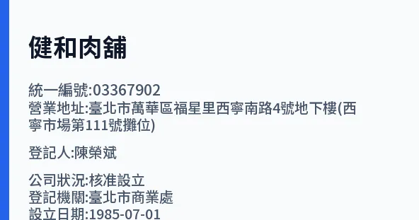 健和肉舖的照片-統編 03367902(臺北市) 公司登記資料與營業項目詳細圖表