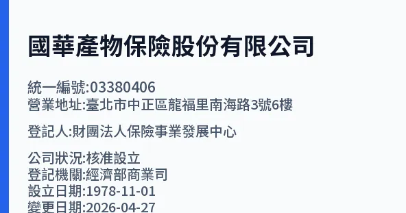國華產物保險股份有限公司的照片-統編 03380406(臺北市) 公司登記資料與營業項目詳細圖表