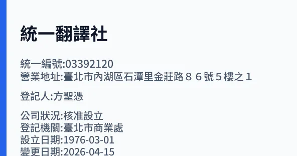 統一翻譯社的照片-統編 03392120(臺北市) 公司登記資料與營業項目詳細圖表