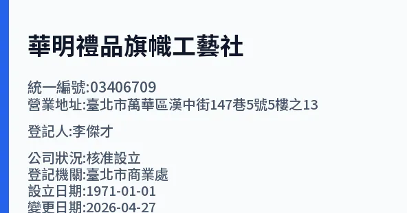 華明禮品旗幟工藝社的照片-統編 03406709(臺北市) 公司登記資料與營業項目詳細圖表