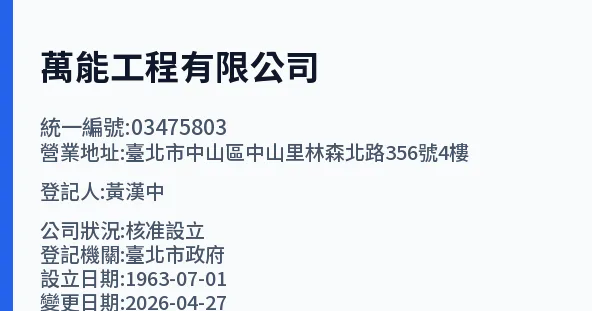 萬能工程有限公司的照片-統編 03475803(臺北市) 公司登記資料與營業項目詳細圖表