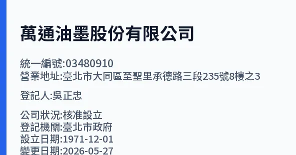 萬通油墨股份有限公司的照片-統編 03480910(臺北市) 公司登記資料與營業項目詳細圖表