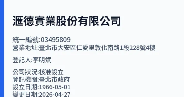 滙德實業股份有限公司的照片-統編 03495809(臺北市) 公司登記資料與營業項目詳細圖表