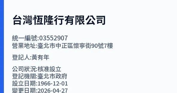 台灣恆隆行有限公司的照片-統編 03552907(臺北市) 公司登記資料與營業項目詳細圖表