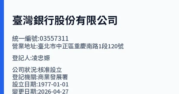 臺灣銀行股份有限公司的照片-統編 03557311(臺北市) 公司登記資料與營業項目詳細圖表