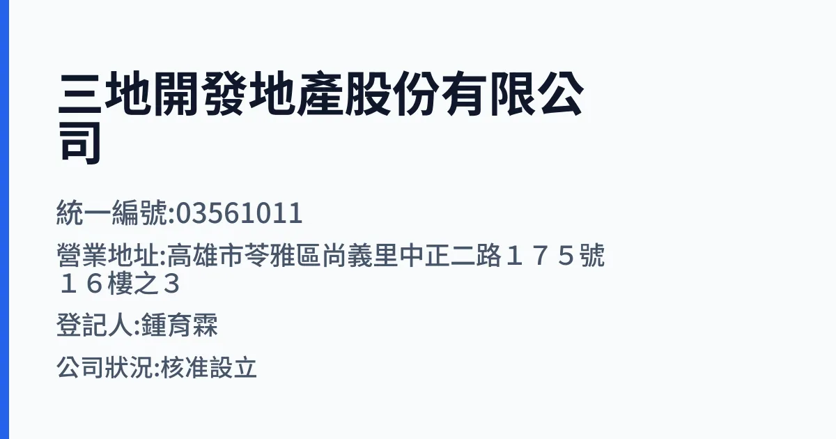 三地開發地產股份有限公司 - 統編 03561011(高雄市) 公司登記資料與營業項目詳細圖表