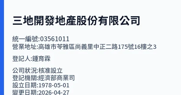 三地開發地產股份有限公司的照片-統編 03561011(高雄市) 公司登記資料與營業項目詳細圖表