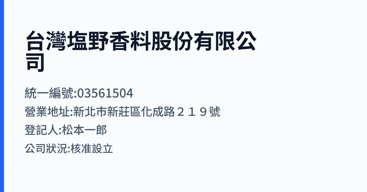 台灣塩野香料股份有限公司 - 統編 03561504(新北市) 公司登記資料與營業項目詳細圖表