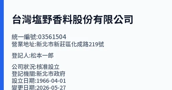台灣塩野香料股份有限公司的照片-統編 03561504(新北市) 公司登記資料與營業項目詳細圖表