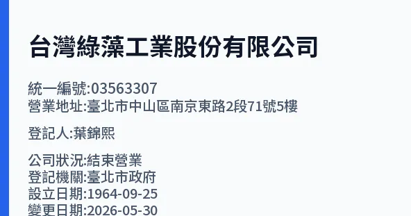 台灣綠藻工業股份有限公司的照片-統編 03563307(臺北市) 公司登記資料與營業項目詳細圖表