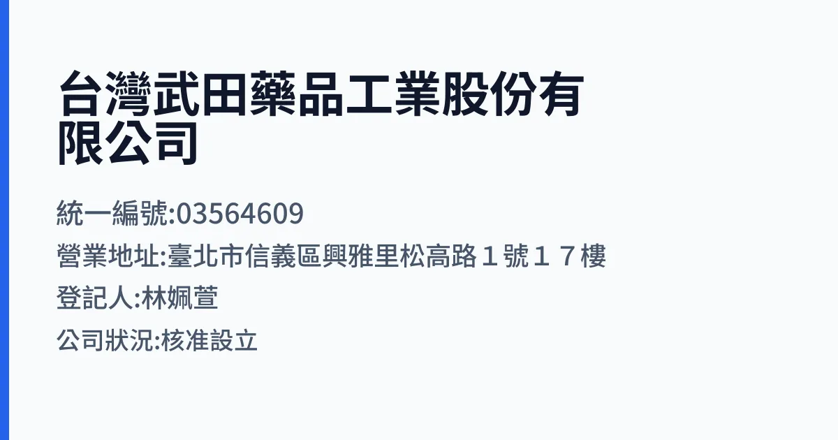 台灣武田藥品工業股份有限公司 - 統編 03564609(臺北市) 公司登記資料與營業項目詳細圖表