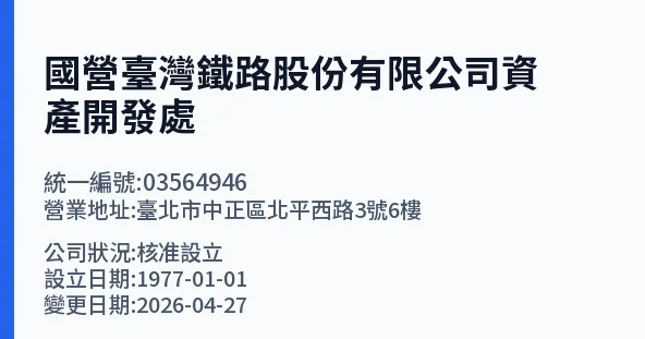 國營臺灣鐵路股份有限公司資產開發處的照片-統編 03564946(臺北市) 公司登記資料與營業項目詳細圖表