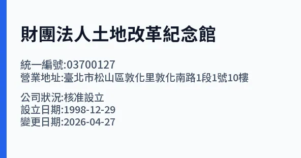 財團法人土地改革紀念館的照片-統編 03700127(臺北市) 公司登記資料與營業項目詳細圖表
