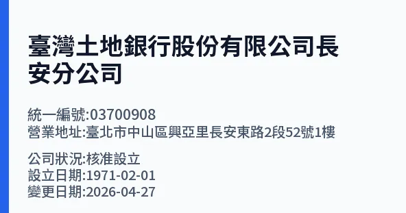 臺灣土地銀行股份有限公司長安分公司的照片-統編 03700908(臺北市) 公司登記資料與營業項目詳細圖表