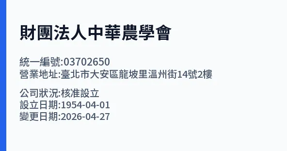財團法人中華農學會的照片-統編 03702650(臺北市) 公司登記資料與營業項目詳細圖表