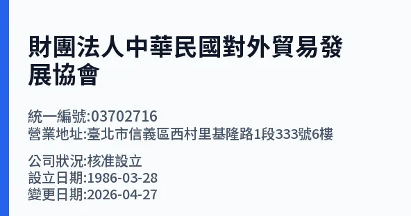 財團法人中華民國對外貿易發展協會的照片-統編 03702716(臺北市) 公司登記資料與營業項目詳細圖表