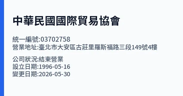 中華民國國際貿易協會的照片-統編 03702758(臺北市) 公司登記資料與營業項目詳細圖表