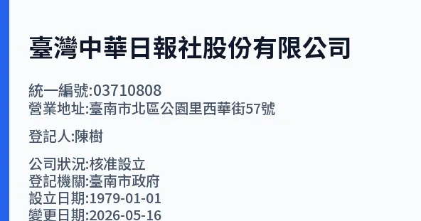 臺灣中華日報社股份有限公司的照片-統編 03710808(臺南市) 公司登記資料與營業項目詳細圖表