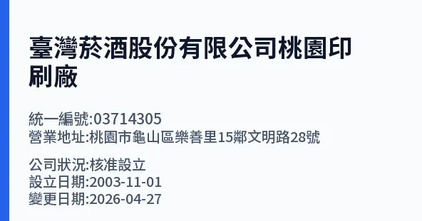 臺灣菸酒股份有限公司桃園印刷廠的照片-統編 03714305(桃園市) 公司登記資料與營業項目詳細圖表