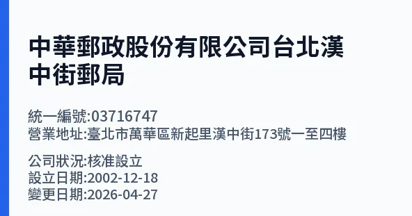 中華郵政股份有限公司台北漢中街郵局的照片-統編 03716747(臺北市) 公司登記資料與營業項目詳細圖表
