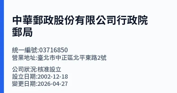 中華郵政股份有限公司行政院郵局的照片-統編 03716850(臺北市) 公司登記資料與營業項目詳細圖表