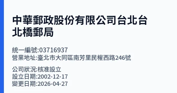 中華郵政股份有限公司台北台北橋郵局的照片-統編 03716937(臺北市) 公司登記資料與營業項目詳細圖表