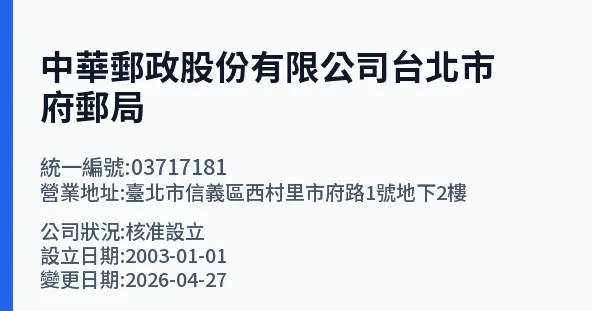 中華郵政股份有限公司台北市府郵局的照片-統編 03717181(臺北市) 公司登記資料與營業項目詳細圖表