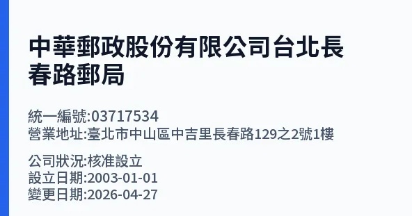 中華郵政股份有限公司台北長春路郵局的照片-統編 03717534(臺北市) 公司登記資料與營業項目詳細圖表